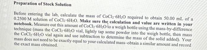 Solved Preparation of Stock Solution Before entering the | Chegg.com