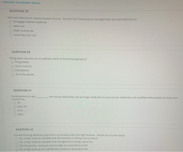Solved Question Completion Status: QUESTION 29 Itemized | Chegg.com
