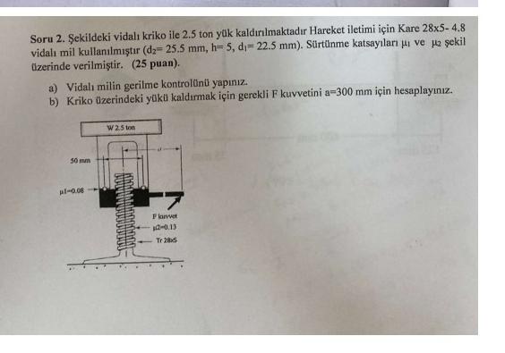 Solved Soru 2. Şekildeki vidalı kriko ile 2.5 ton yük | Chegg.com
