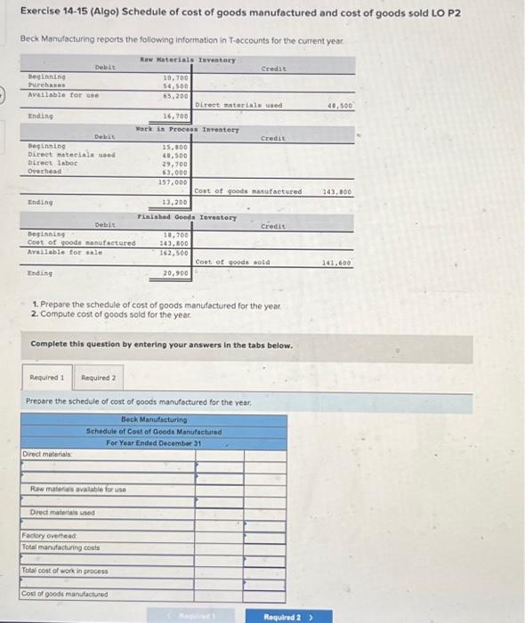 Solved Exercise 14-15 (Algo) Schedule of cost of goods | Chegg.com
