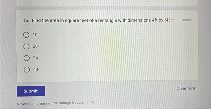 Solved 16. Find the area in square feet of a rectangle with | Chegg.com