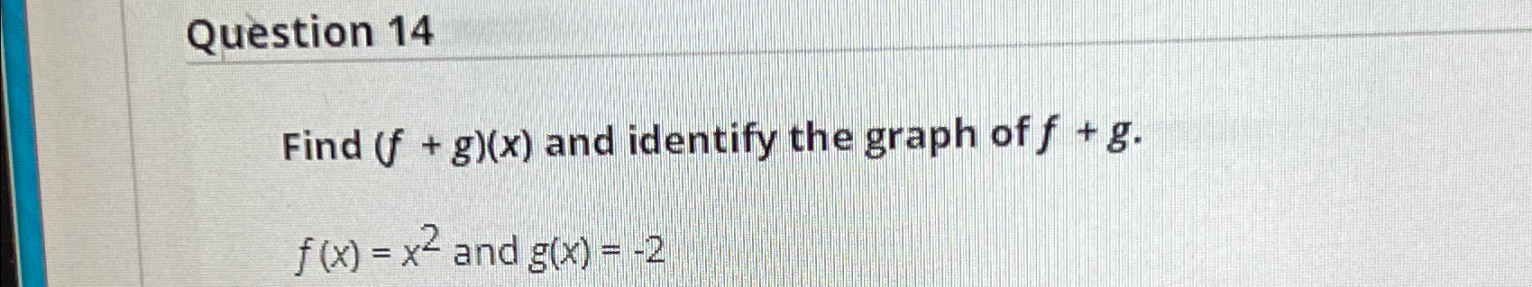 Solved Question 14Find (f+g)(x) ﻿and identify the graph of | Chegg.com