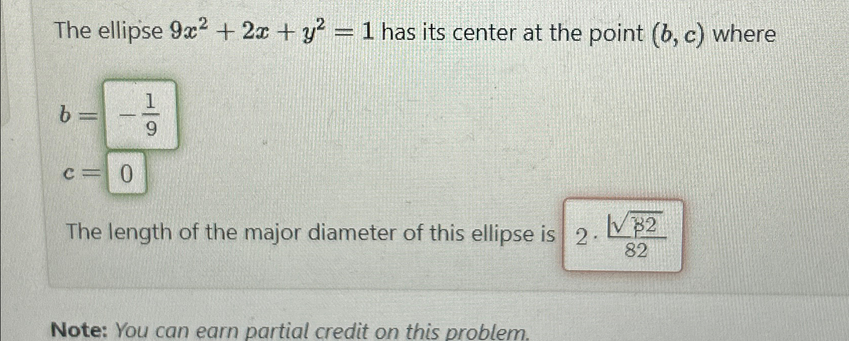 Solved The ellipse 9x2+2x+y2=1 ﻿has its center at the point | Chegg.com