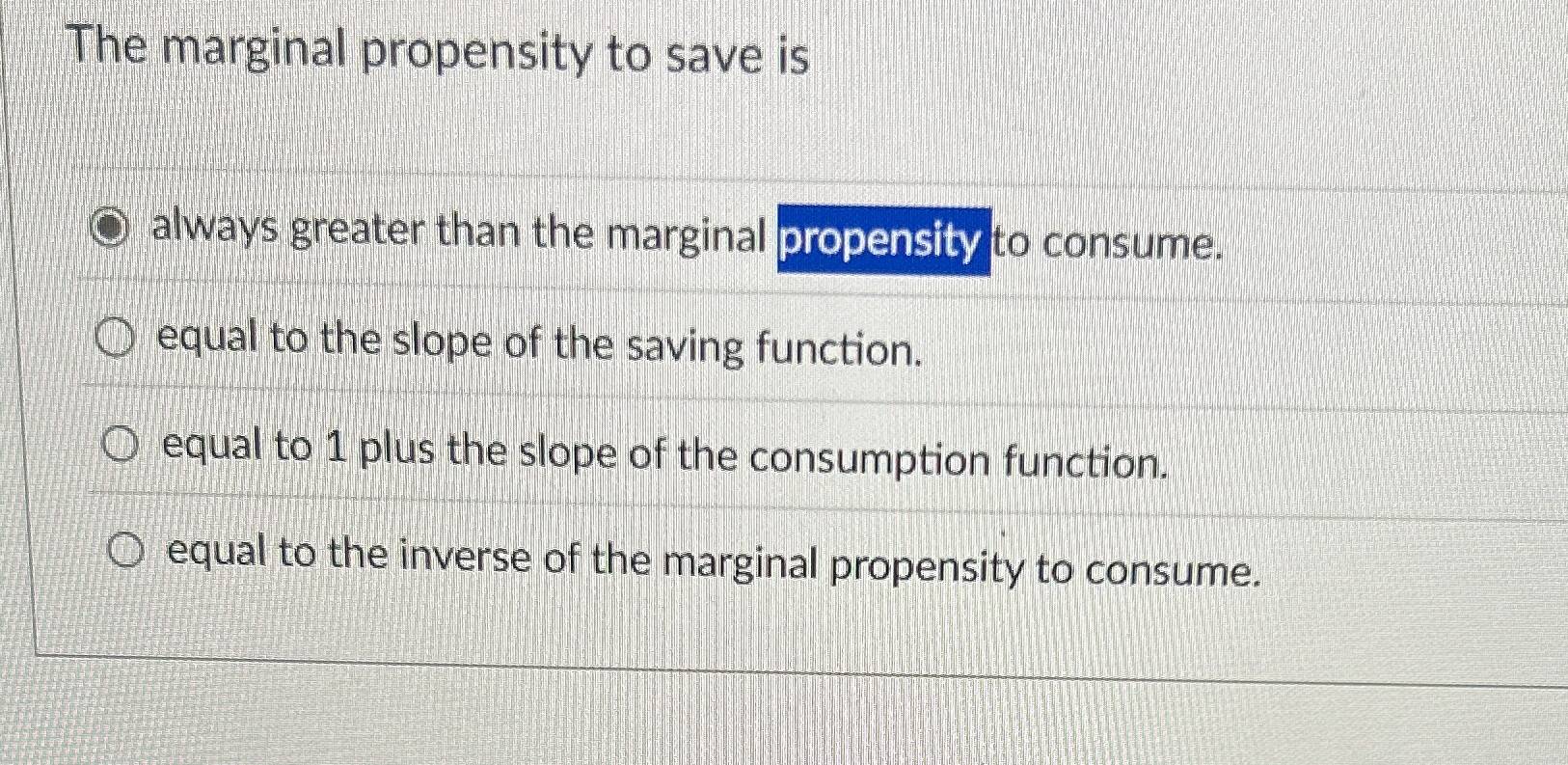 Solved The marginal propensity to save isalways greater than | Chegg.com