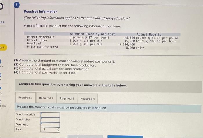 Solved 1.) prepare the standard cost card showing the | Chegg.com