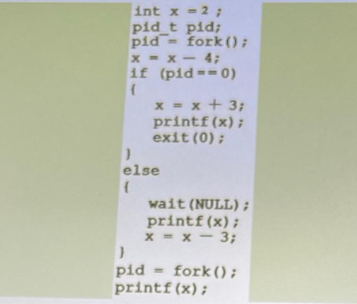 Solved int x = 2; pid t pid; pid = fork(); x = x - 4; if | Chegg.com