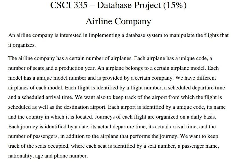Solved CSCI 335 – Database Project (15%) Airline Company An | Chegg.com