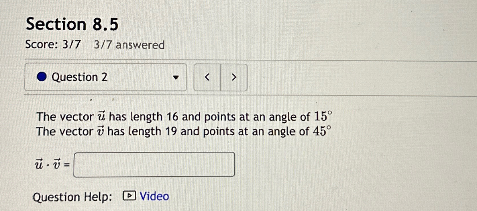 Solved Section 8.5Score: 3/7 3/7 ﻿answeredThe vector vec(u) | Chegg.com