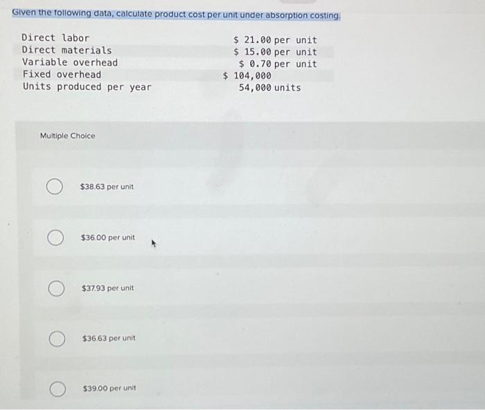 Solved Given the following data, calculate product cost per | Chegg.com