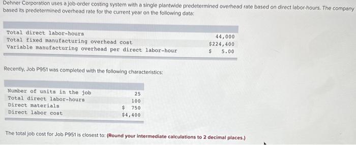 Solved Dehner Corporation uses a job-order costing system | Chegg.com
