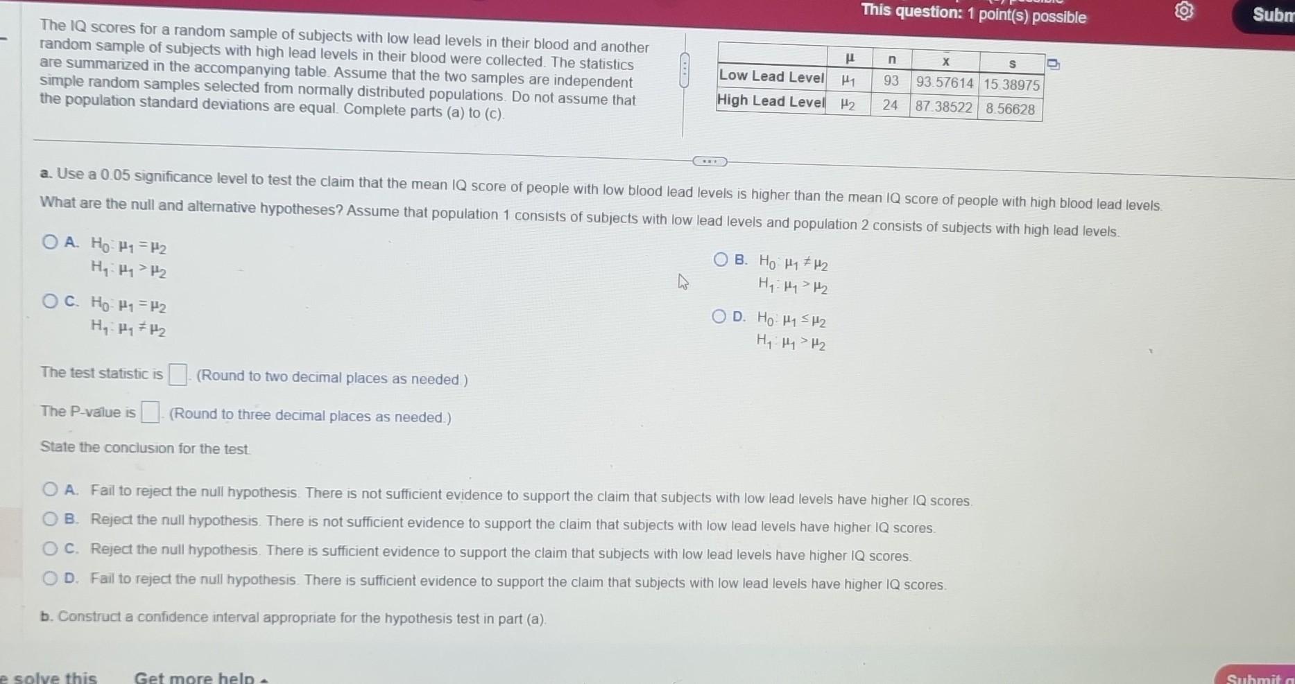 Solved The IQ scores for a random sample of subjects with | Chegg.com