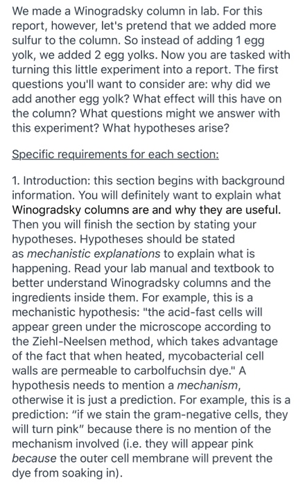 We made a Winogradsky column in lab. For this report, | Chegg.com