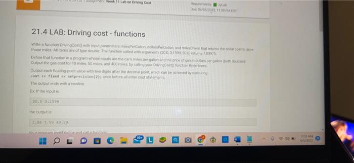 Solved Week on ring out 21.4 LAB: Driving cost-functions | Chegg.com