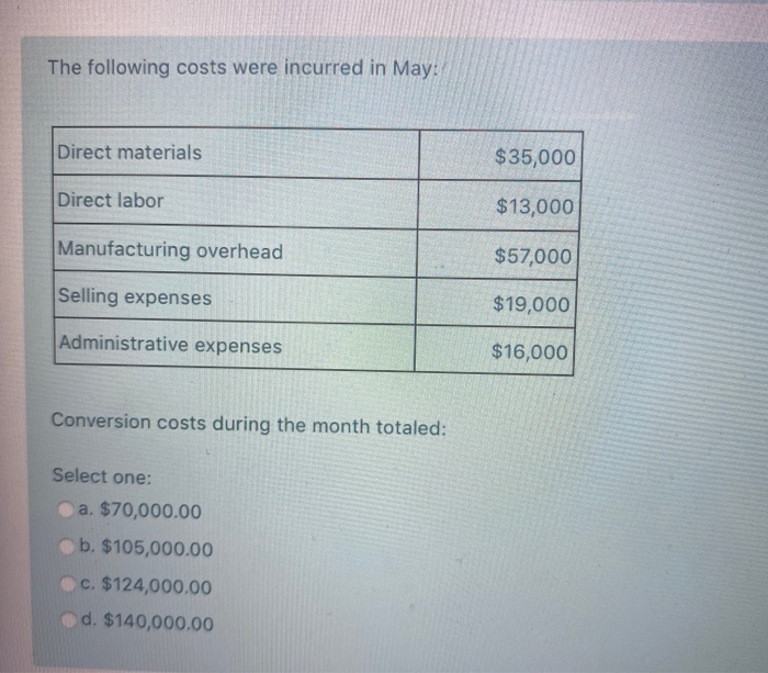Solved The following costs were incurred in May: Direct | Chegg.com