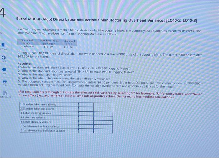 Solved Exercise 10.4 (Algo) Direct Labor and Variable | Chegg.com