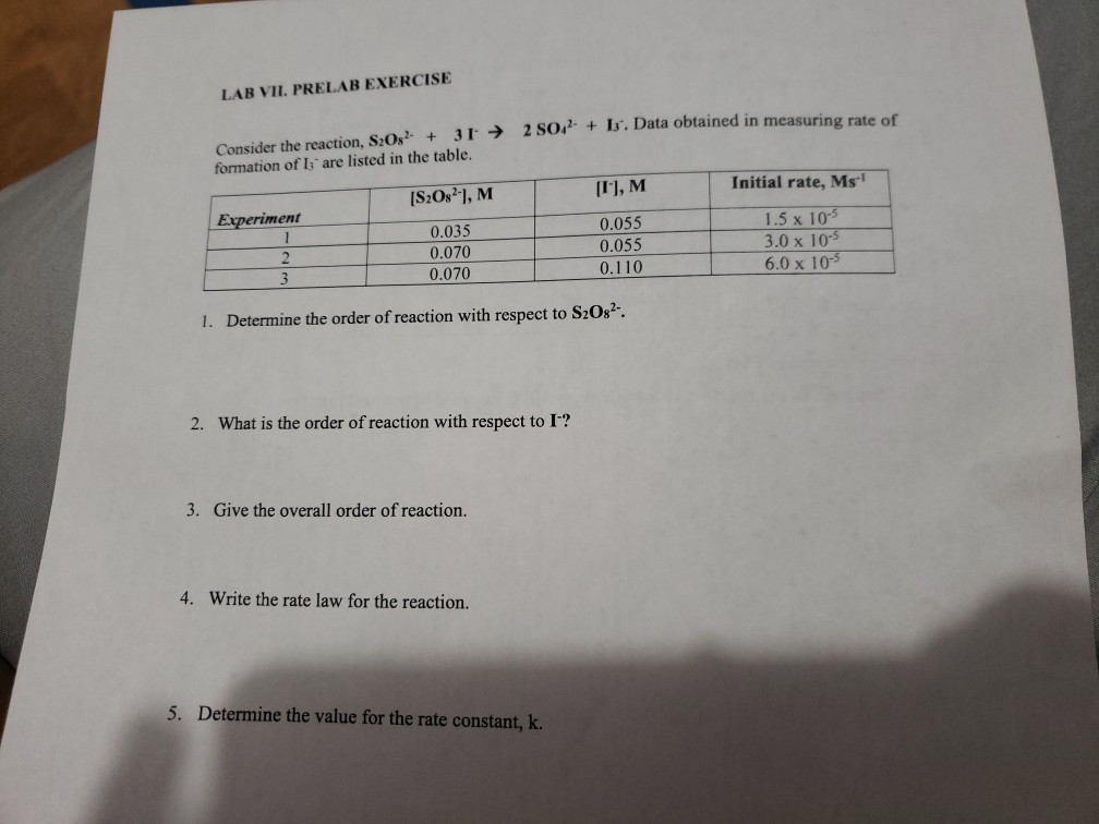 Solved LAB VII. PRELAB EXERCISE Consider the reaction, SzOs2 | Chegg.com