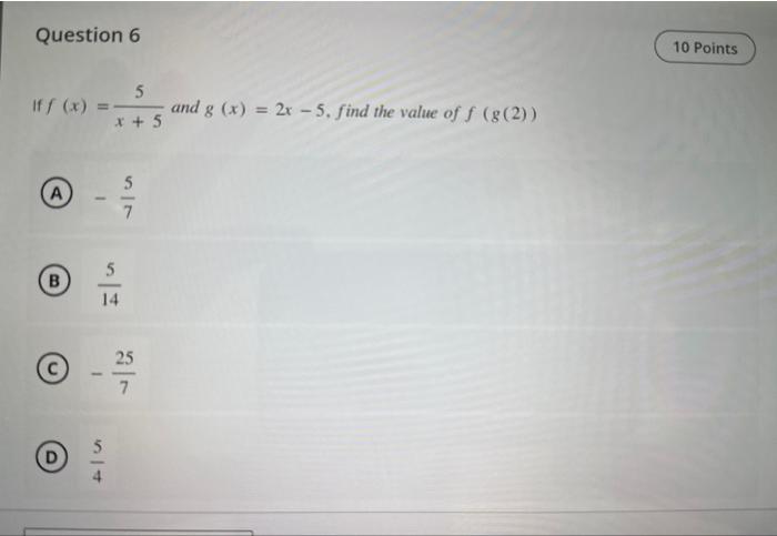 Solved If f(x)=x+55 and g(x)=2x−5,f ind the value of f(g(2)) | Chegg.com