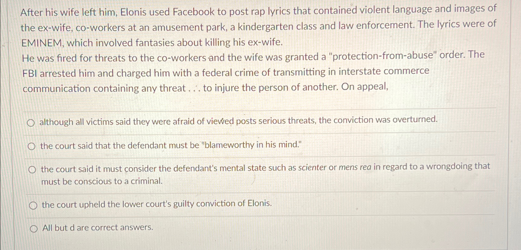 Solved After his wife left him, Elonis used Facebook to post | Chegg.com