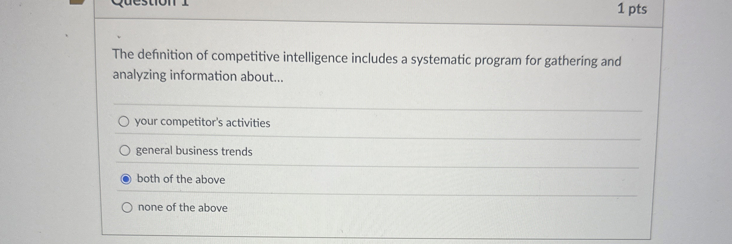 Solved 1 ﻿ptsThe definition of competitive intelligence | Chegg.com