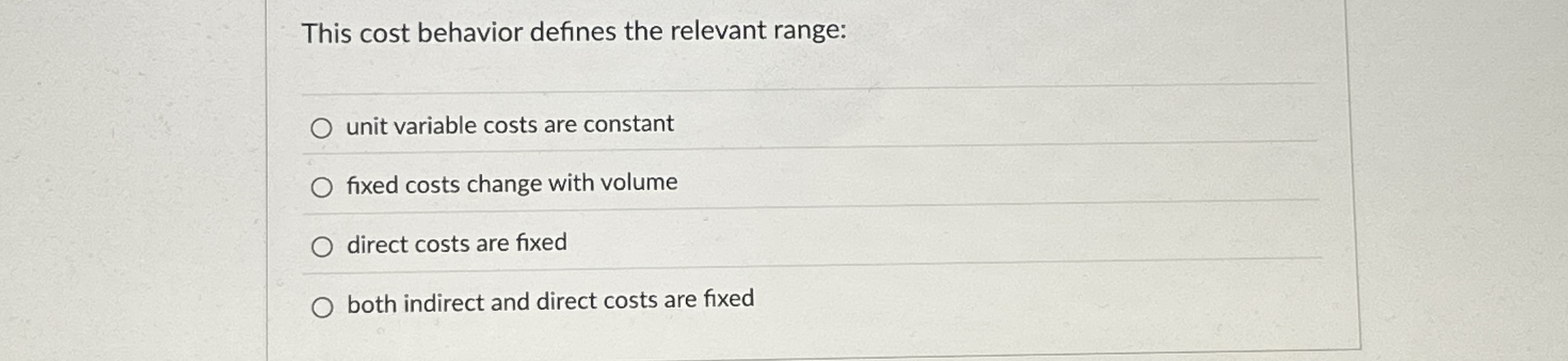 Solved This cost behavior defines the relevant range:unit | Chegg.com