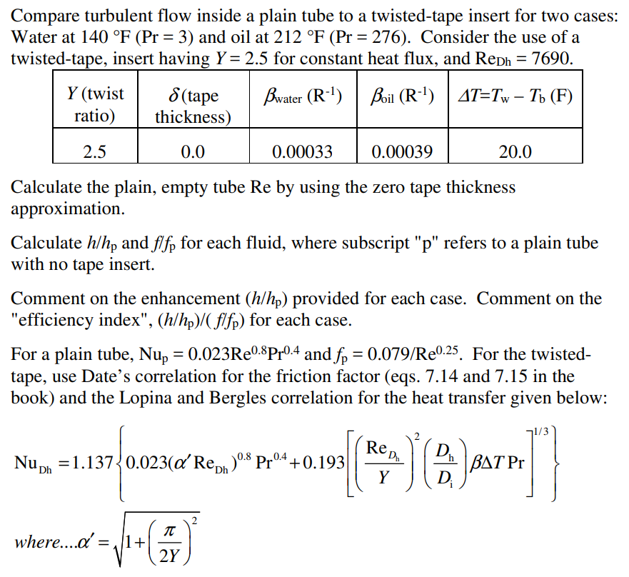 Solved Please help solve this twisted-tape turbulent flow | Chegg.com