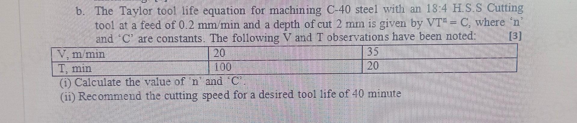 Solved b. The Taylor tool life equation for machining C -40 | Chegg.com