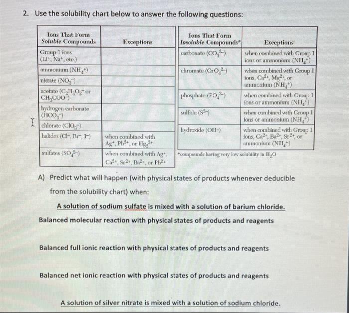 Solved 2. Use the solubility chart below to answer the | Chegg.com