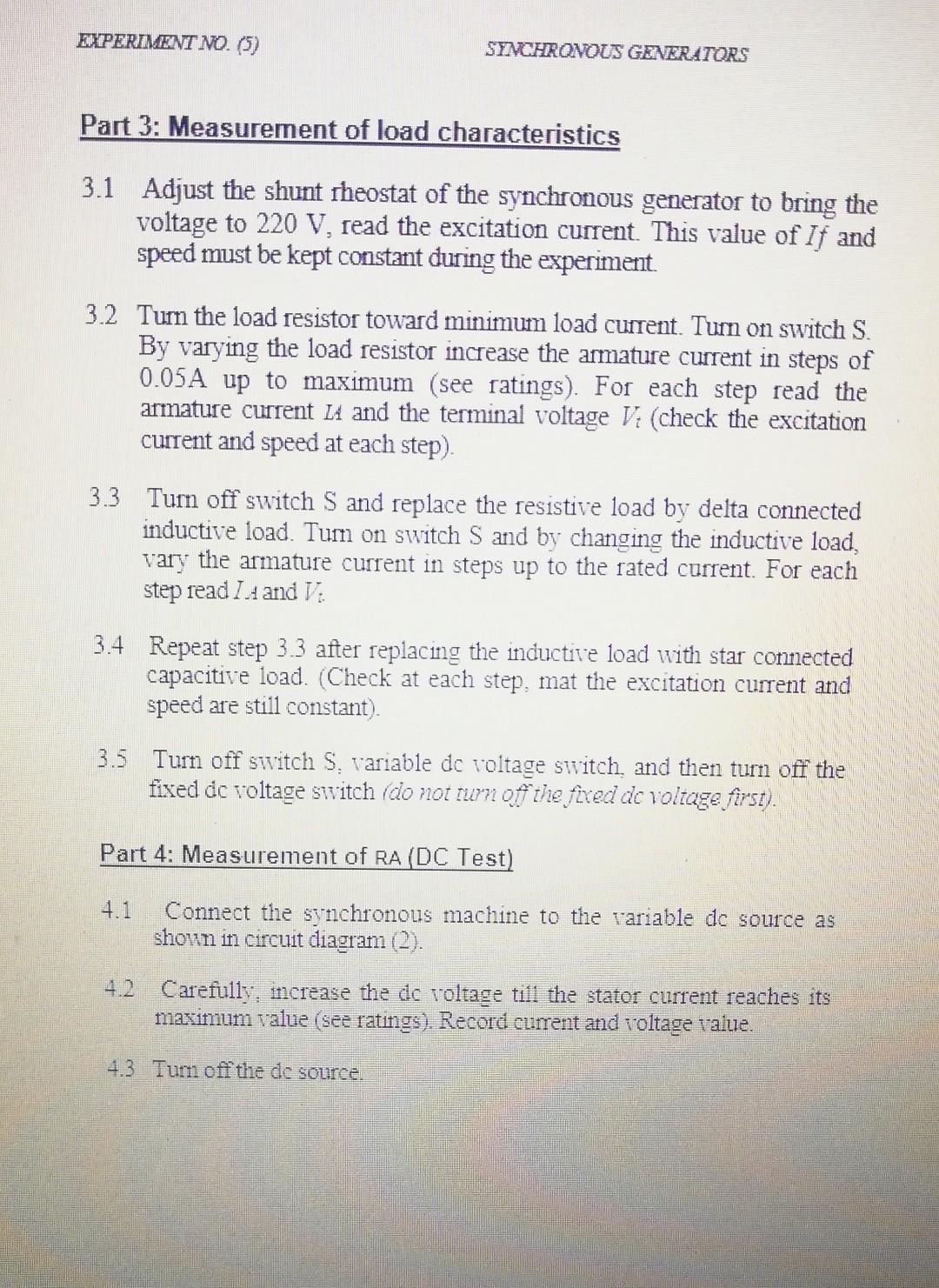 EXPERIMENT N05 SYNCHRONOUS GENERATORS I. Objectives: | Chegg.com