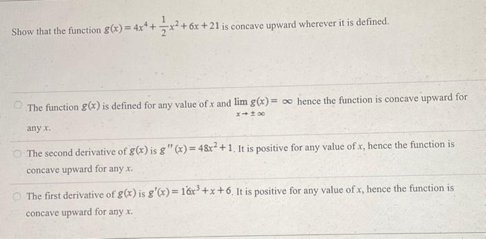 Solved Show that the function g(x)=4x4+21x2+6x+21 is concave | Chegg.com