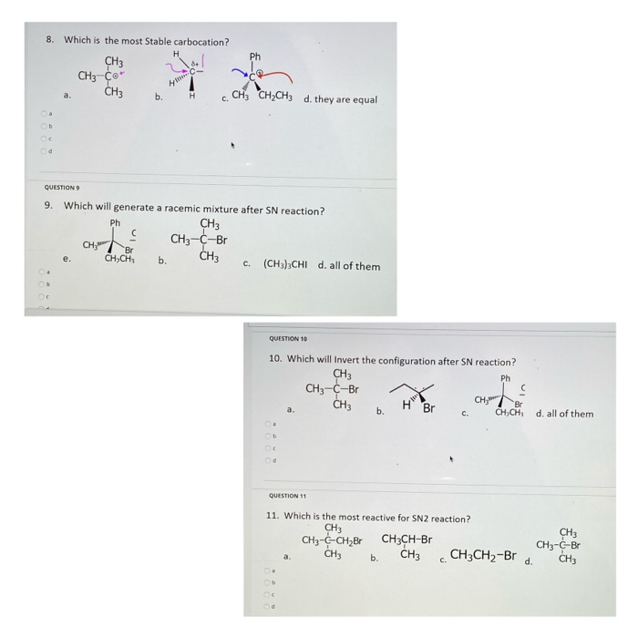 Solved 8 Which is the most Stable carbocation? H Ph CH3 CH3 | Chegg.com