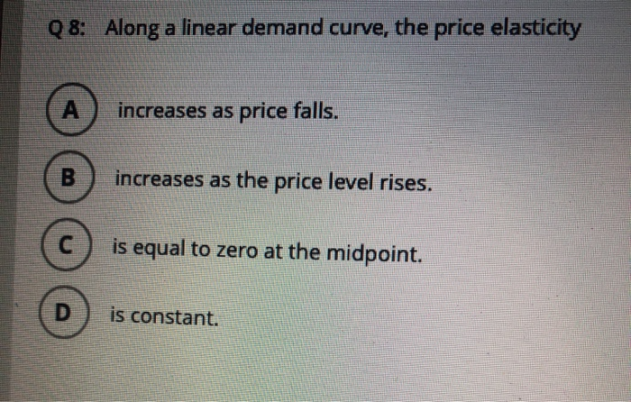 Solved Q8: Along a linear demand curve, the price elasticity | Chegg.com