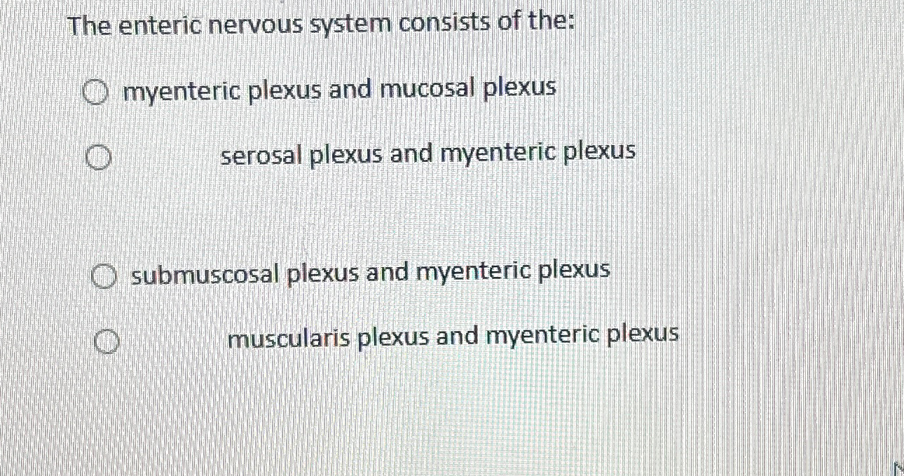 Solved The enteric nervous system consists of the: | Chegg.com