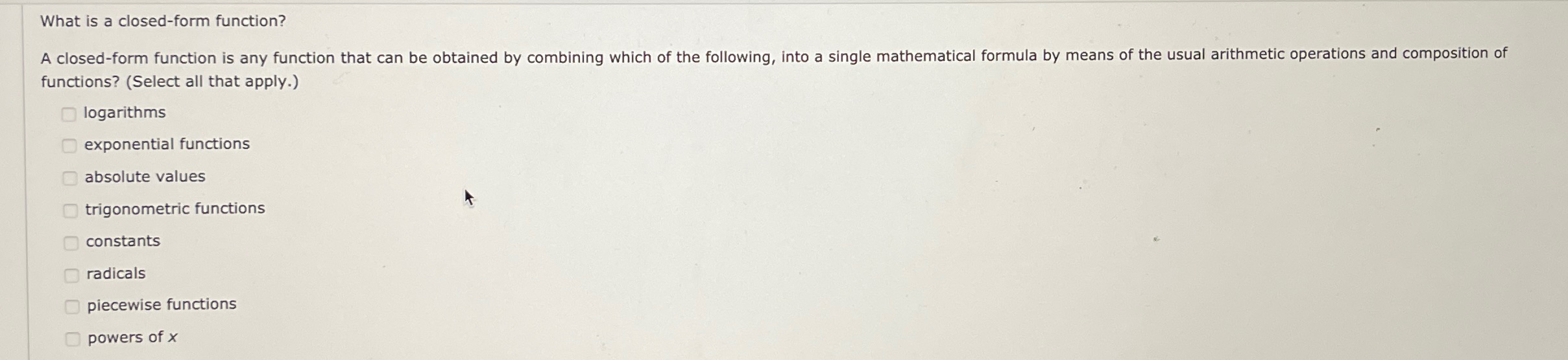 Solved What is a closed-form function? functions? (Select | Chegg.com