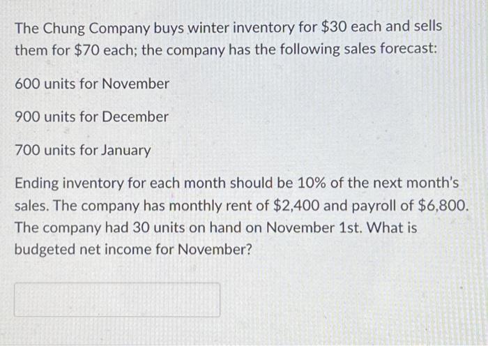 Solved The Chung Company buys winter inventory for $30 each | Chegg.com