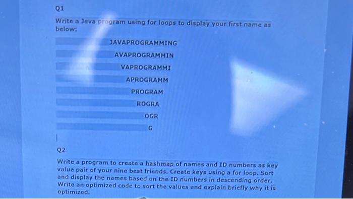 Solved Q1 Write a Java program using for loops to display | Chegg.com