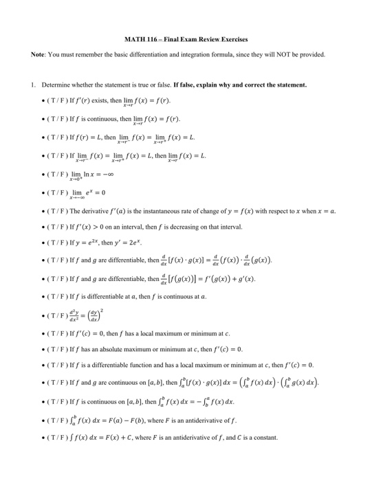 MATH 116 - Final Exam Review Exercises Note: You must | Chegg.com