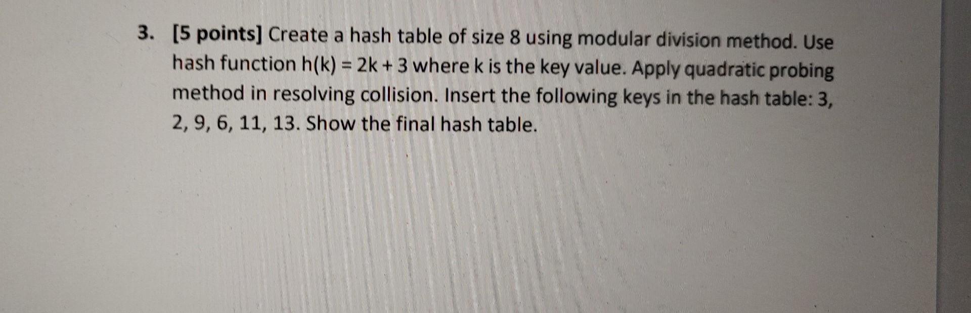 Solved 3. [5 points) Create a hash table of size 8 using | Chegg.com