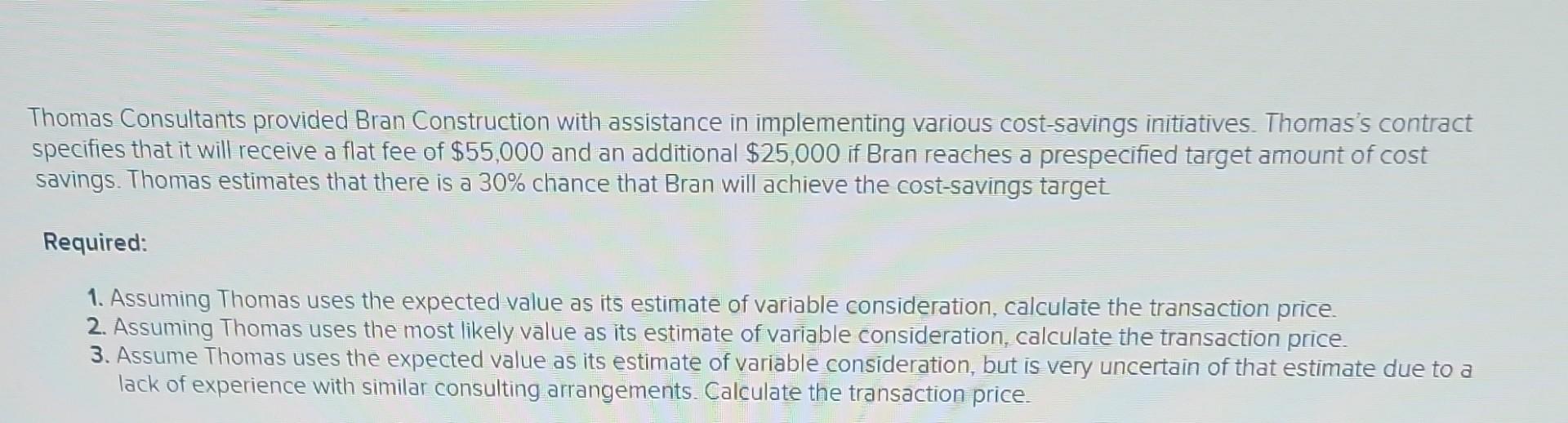 Solved Thomas Consultants provided Bran Construction with | Chegg.com
