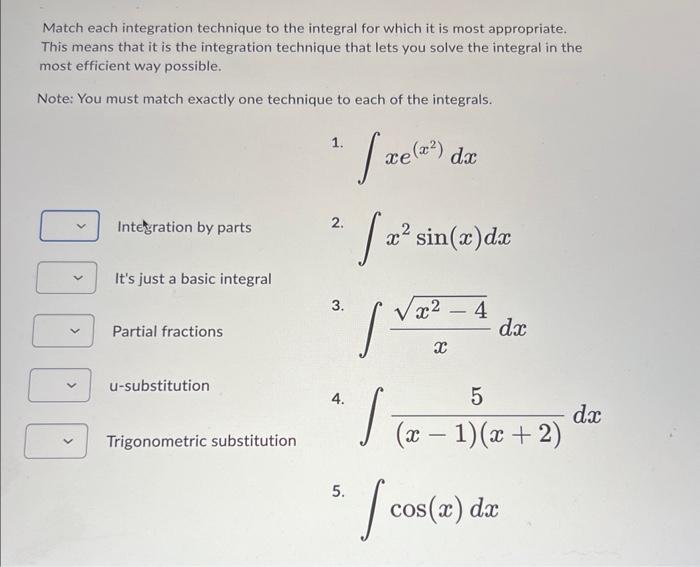Solved Match each integration technique to the integral for | Chegg.com
