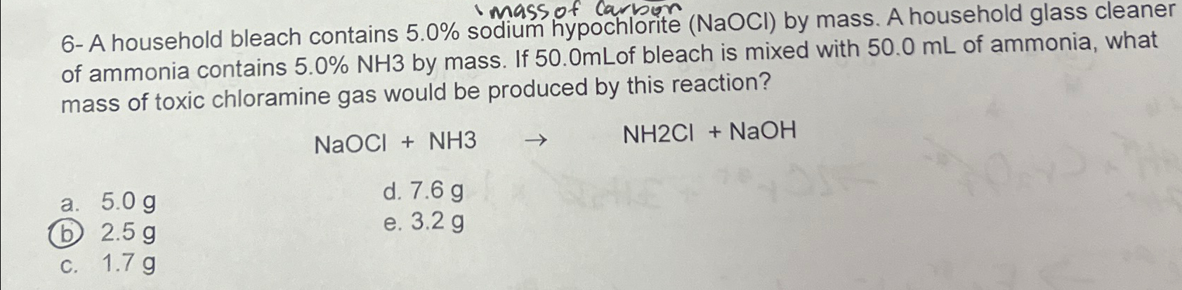 mass of carbor6- ﻿A household bleach contains 5.0% | Chegg.com