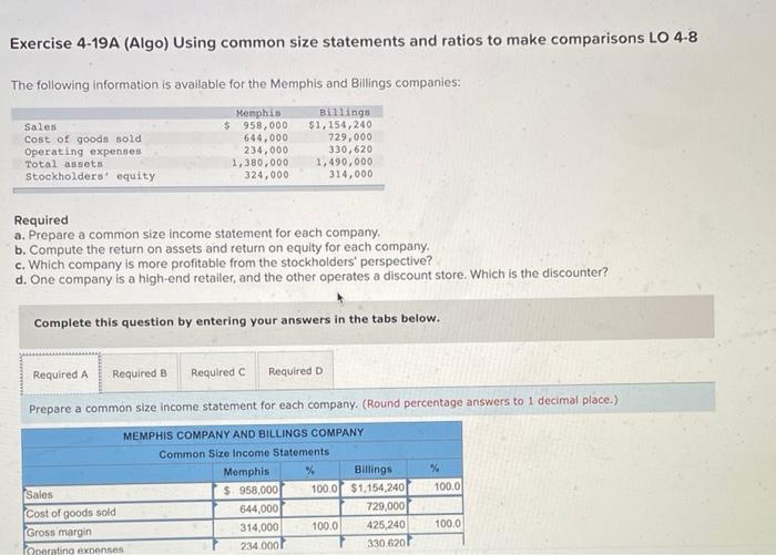 Solved Exercise 4-19A (Algo) Using common size statements | Chegg.com