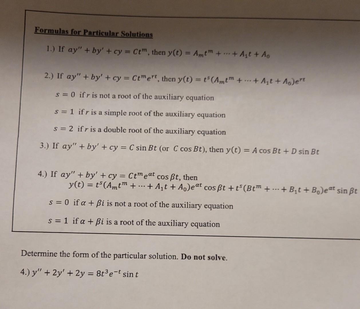 Solved Formulas for Particular Solutions 1.) If | Chegg.com