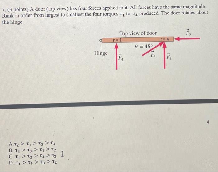 Solved 7. (3 points) A door (top view) has four forces | Chegg.com