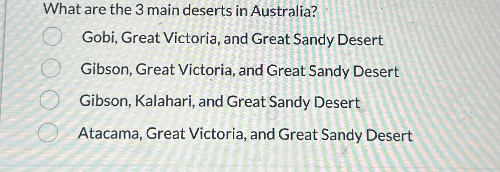 Solved What are the 3 ﻿main deserts in Australia?Gobi, Great | Chegg.com