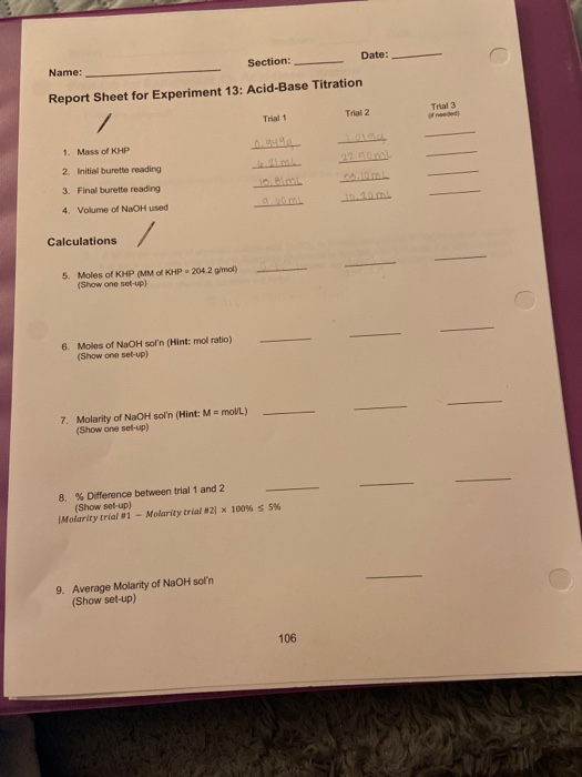 Solved Date: Section: Name: Report Sheet for Experiment 13: | Chegg.com
