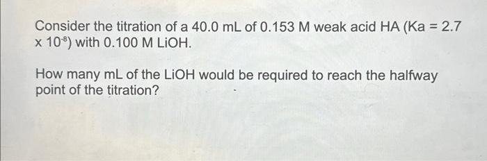 Solved Consider the titration of a 40.0 mL of 0.153M weak | Chegg.com
