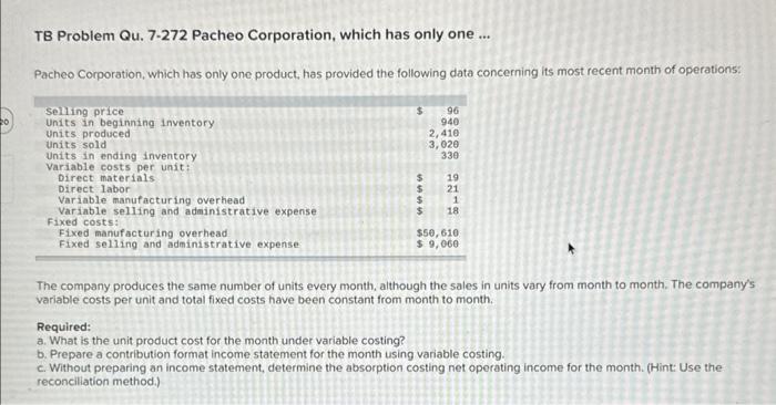 Solved TB Problem Qu. 7-272 Pacheo Corporation, which has | Chegg.com