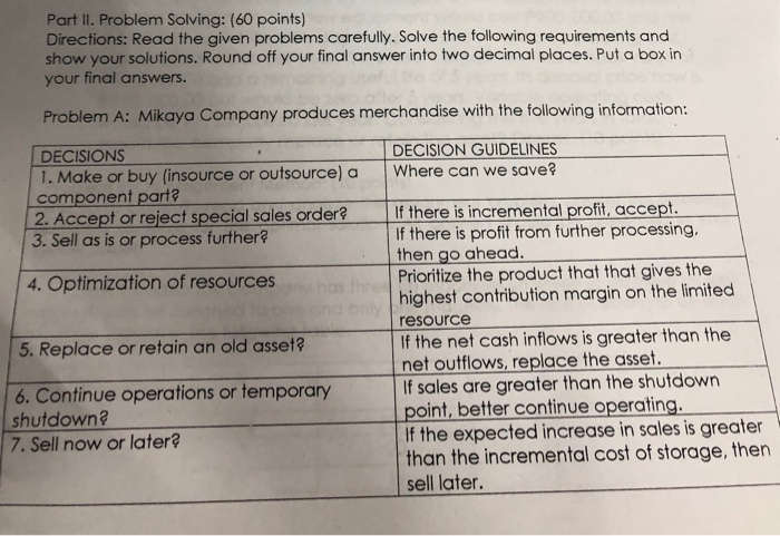 Part II. Problem Solving: (60 points) Directions: | Chegg.com