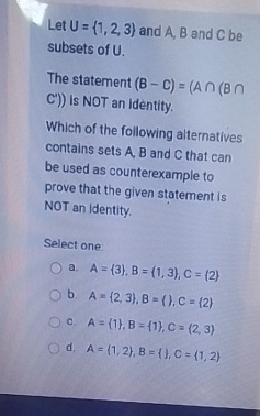 Solved Let U =(1, 2, 3) ﻿and AB and C besubsets of U.The | Chegg.com
