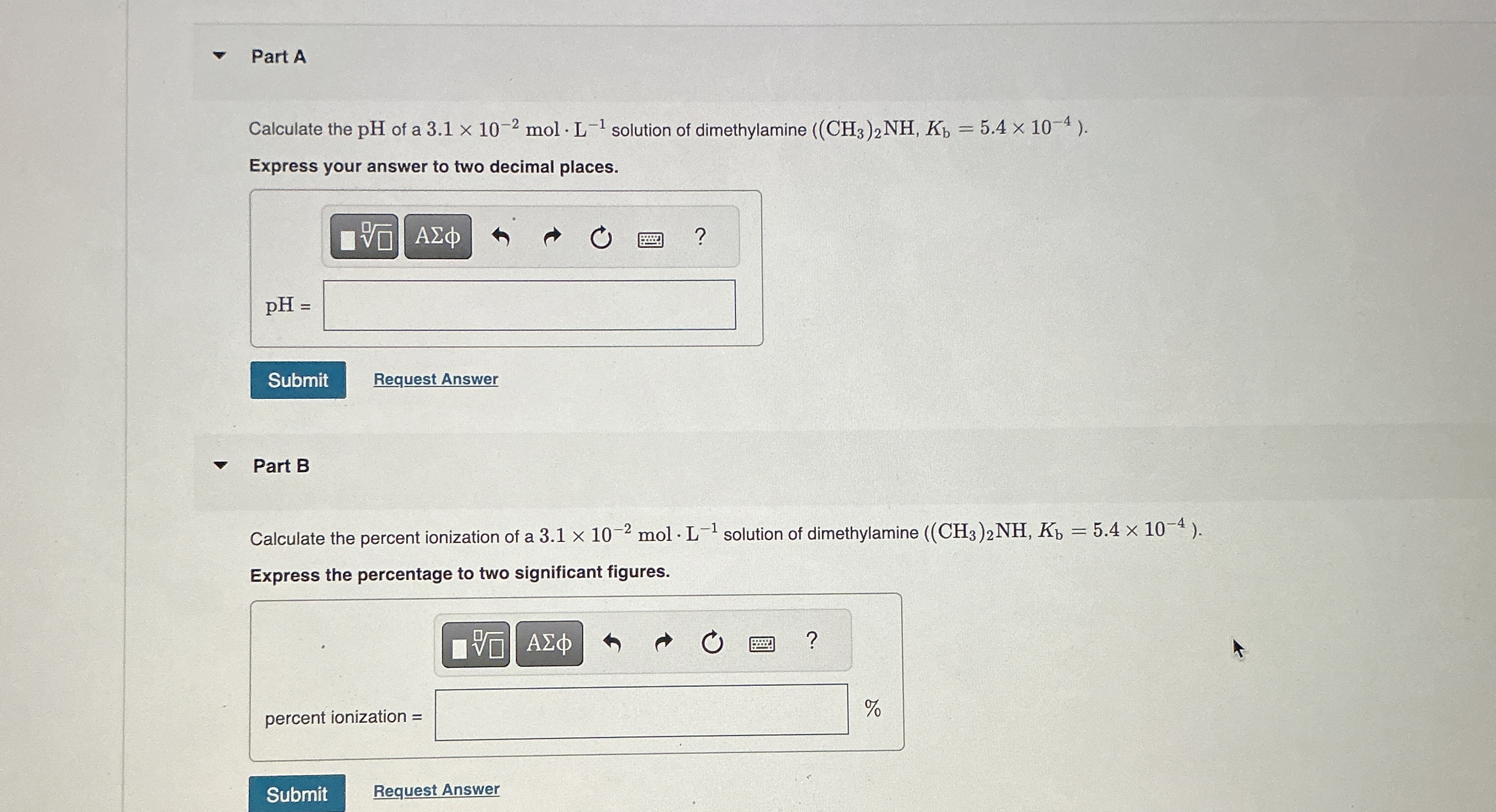 Solved Part ACalculate the pH of a 3.1×10-2mol*L-1 ﻿solution | Chegg.com
